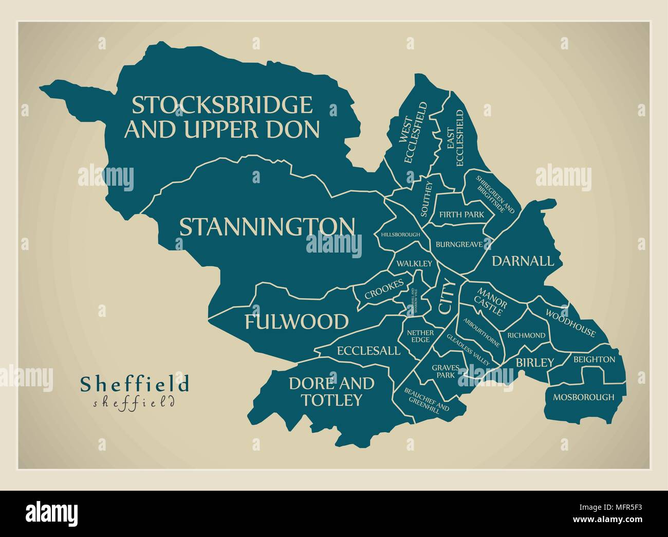 Modern City Map - Sheffield city of England with wards and titles UK ...