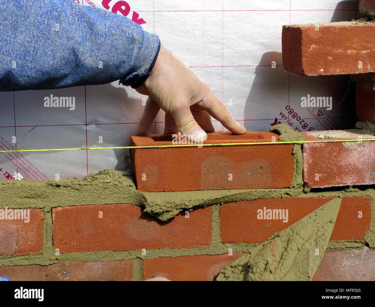 Builder / construction worker building a brick wall cementing bricks in ...