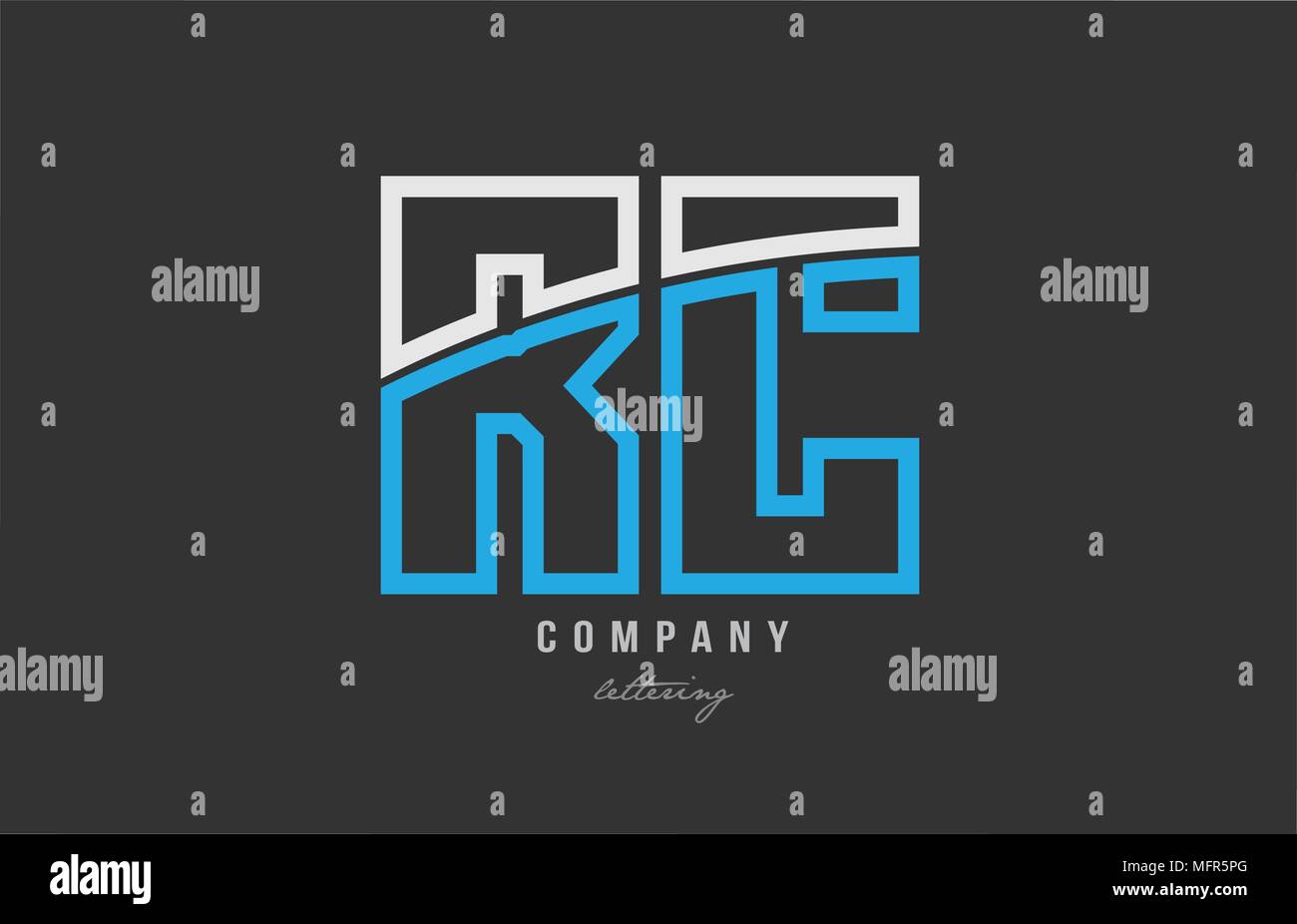 white blue alphabet letter rc r c logo combination design on black ...