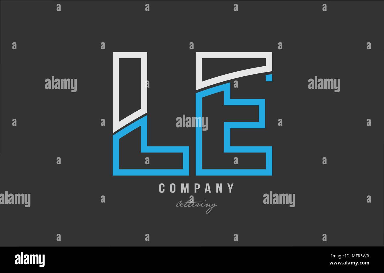white blue alphabet letter le l e logo combination design on black ...