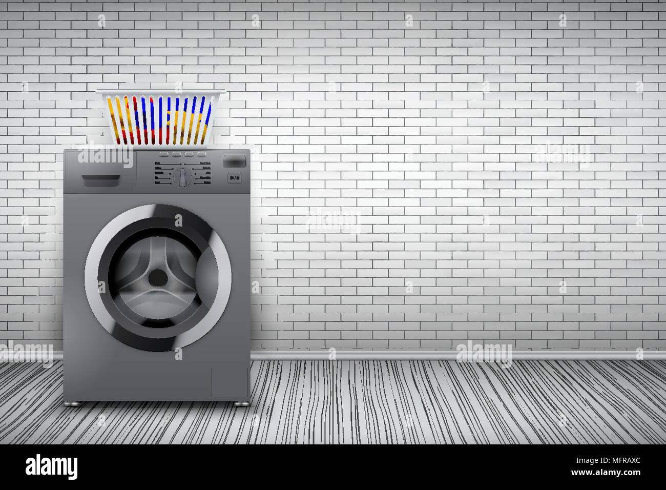 Laundry room interior with silver washing machine and basket on white ...