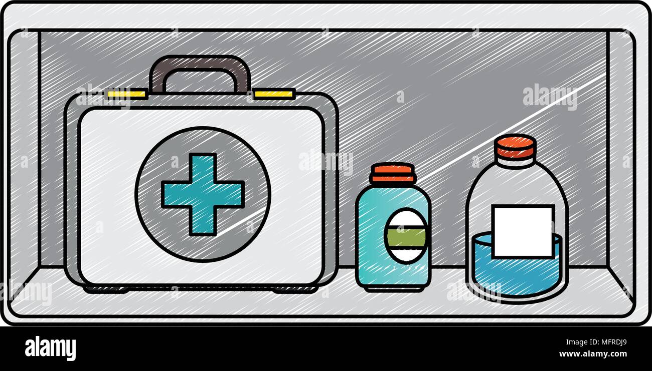 shelf with medical kit and bottles drugs vector illustration design ...