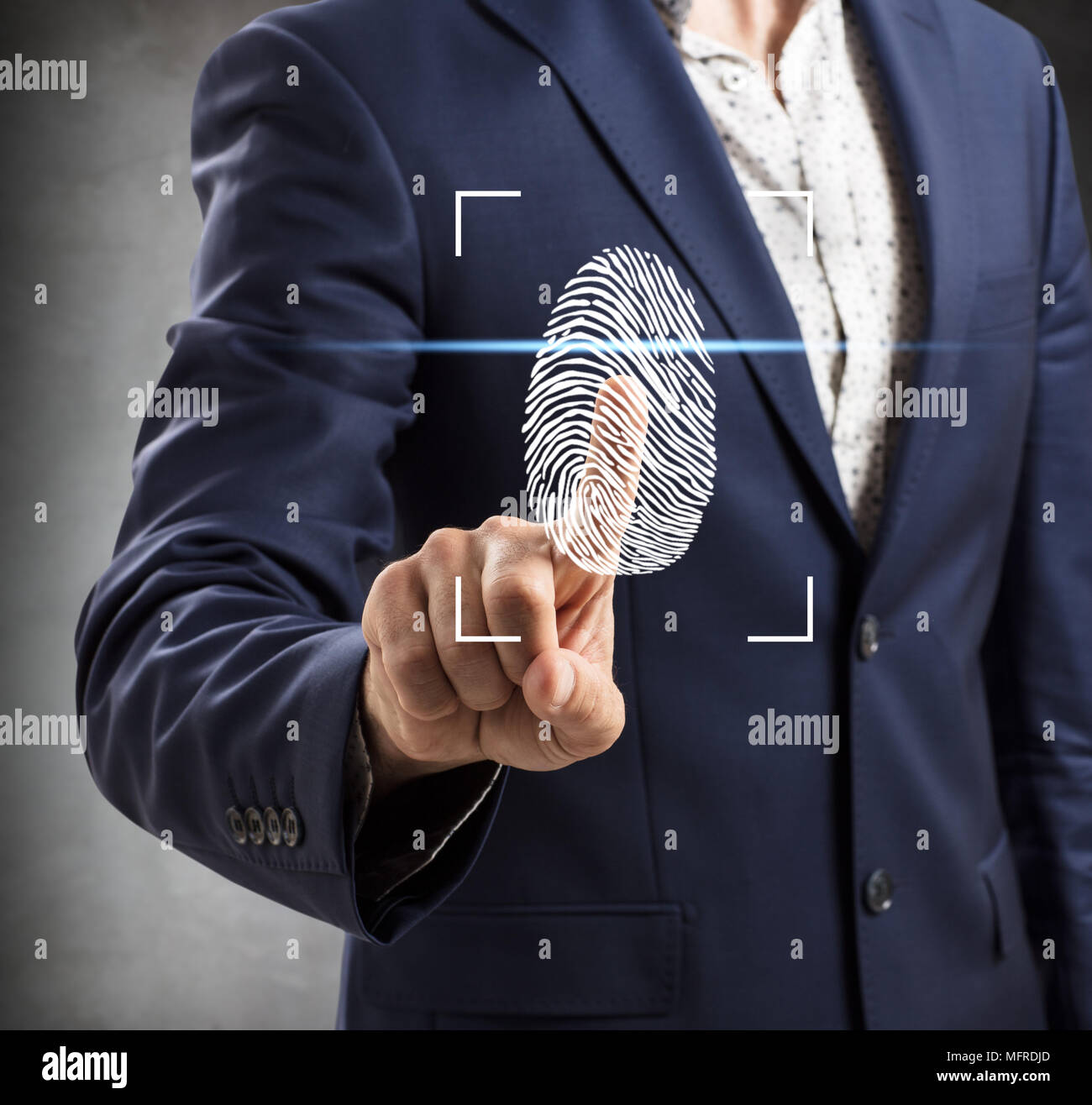 Woman pressing on virtual button with dactyloscopy scanner Stock Photo ...