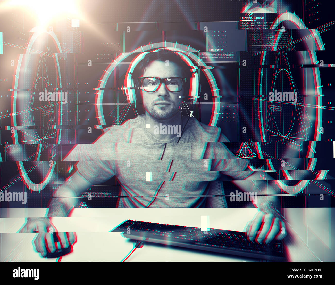 man in headset with computer virtual projections Stock Photo - Alamy