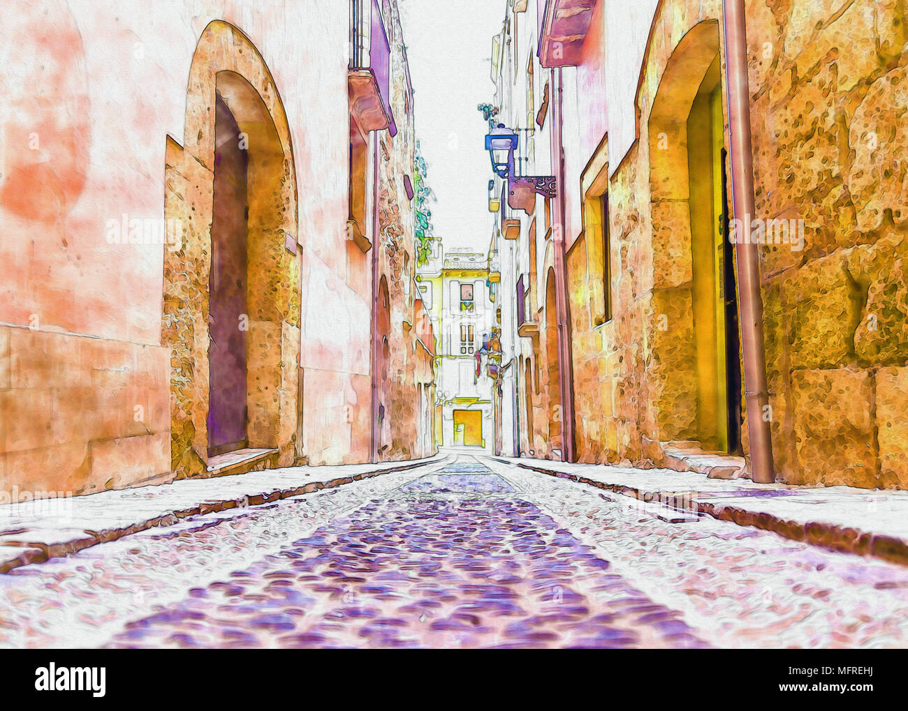 beautiful narrow alley in the old town of spain, watercolor painted ...
