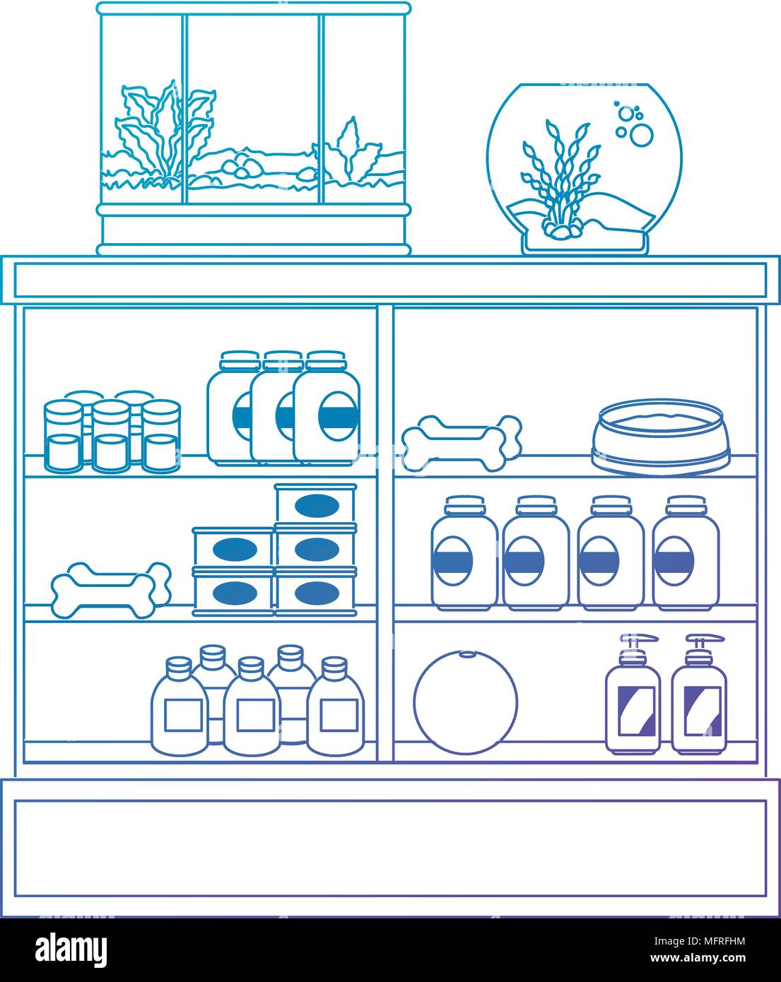 shelving of veterinary store with aquariums and products vector ...
