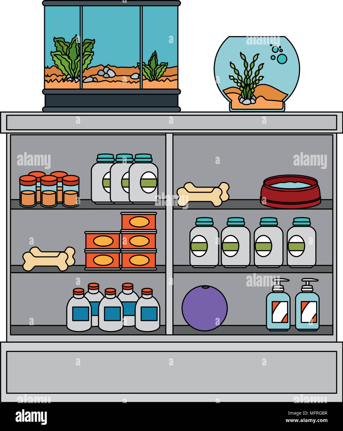 shelving of veterinary store with aquariums and products vector ...
