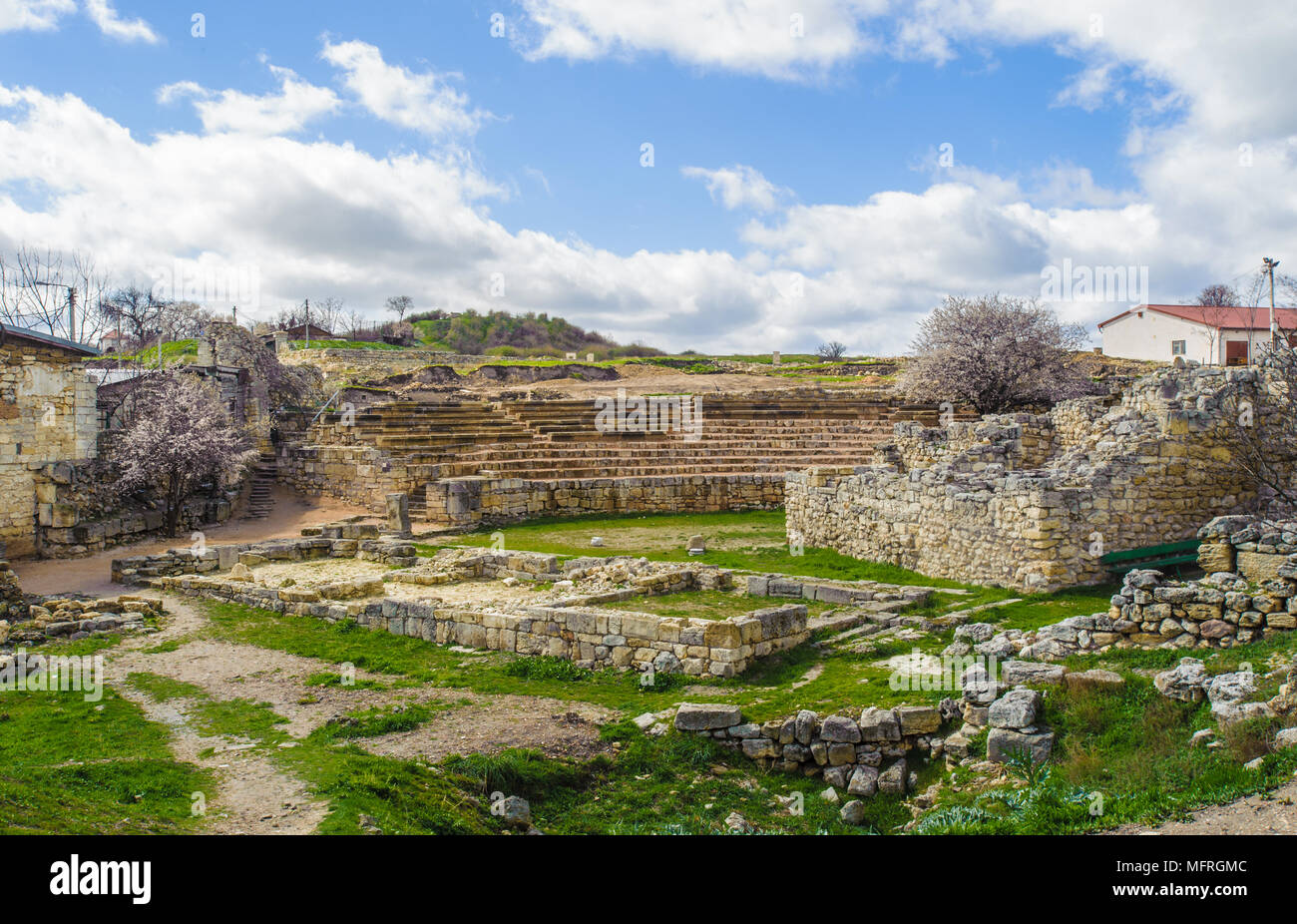 Ruins of the Greek coliseum in Chersonesus, Ukraine. Ancient Greek ...