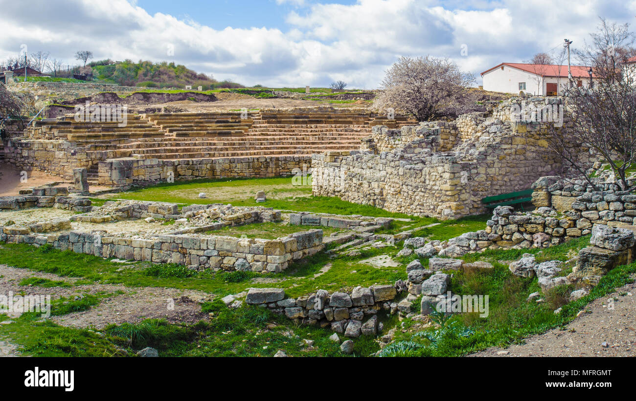 Ruins of the Greek coliseum in Chersonesus, Ukraine. Ancient Greek ...