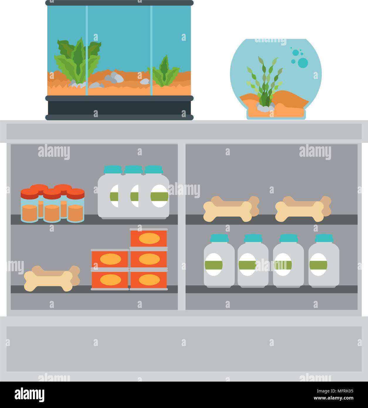 shelving of veterinary store with aquariums and products vector ...