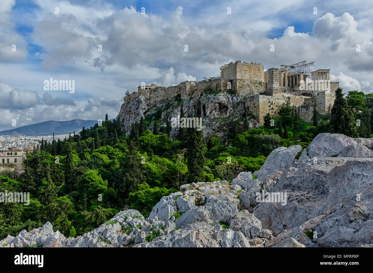 The Acropolis of Athens with the Parthenon as seen from Areopagus hill in Plaka district Stock ...
