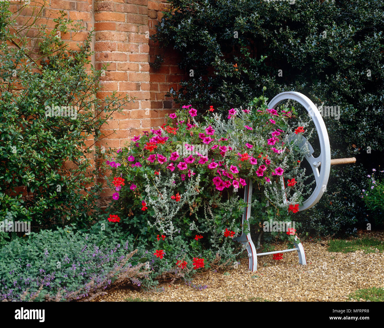 Old fashioned mangle planted with flowers Stock Photo - Alamy