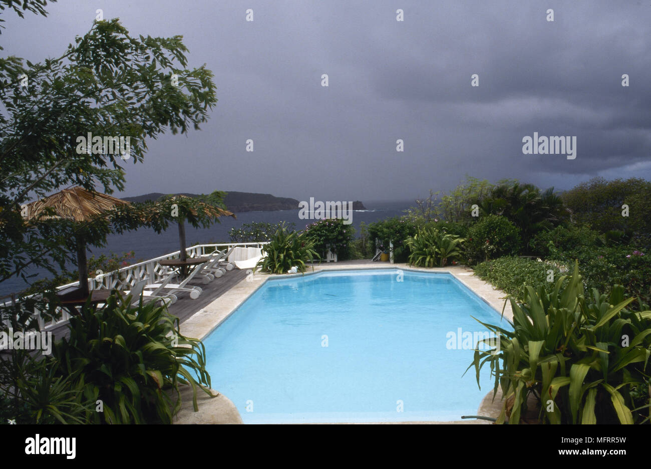 Outdoor, Ocean side swimming pool with thatched umbrellas, tropical ...