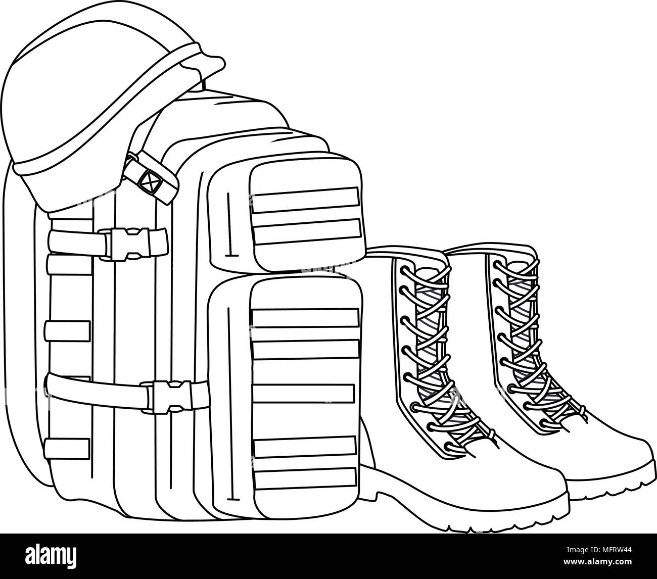 military bag with boots and helmet vector illustration design Stock ...