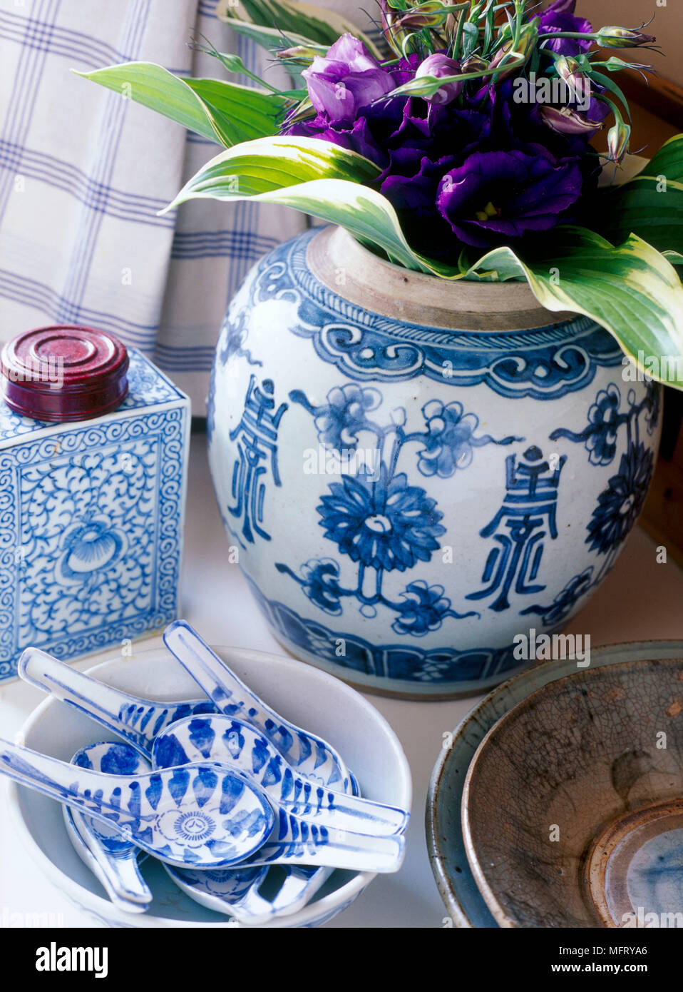 A detail of blue and white ceramic pieces jar dish spoons Stock Photo ...
