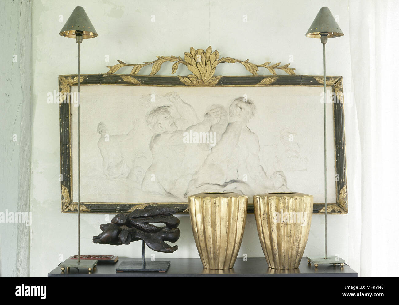 Plaster frieze gold vases metal lamps Interiors detail Stock Photo - Alamy