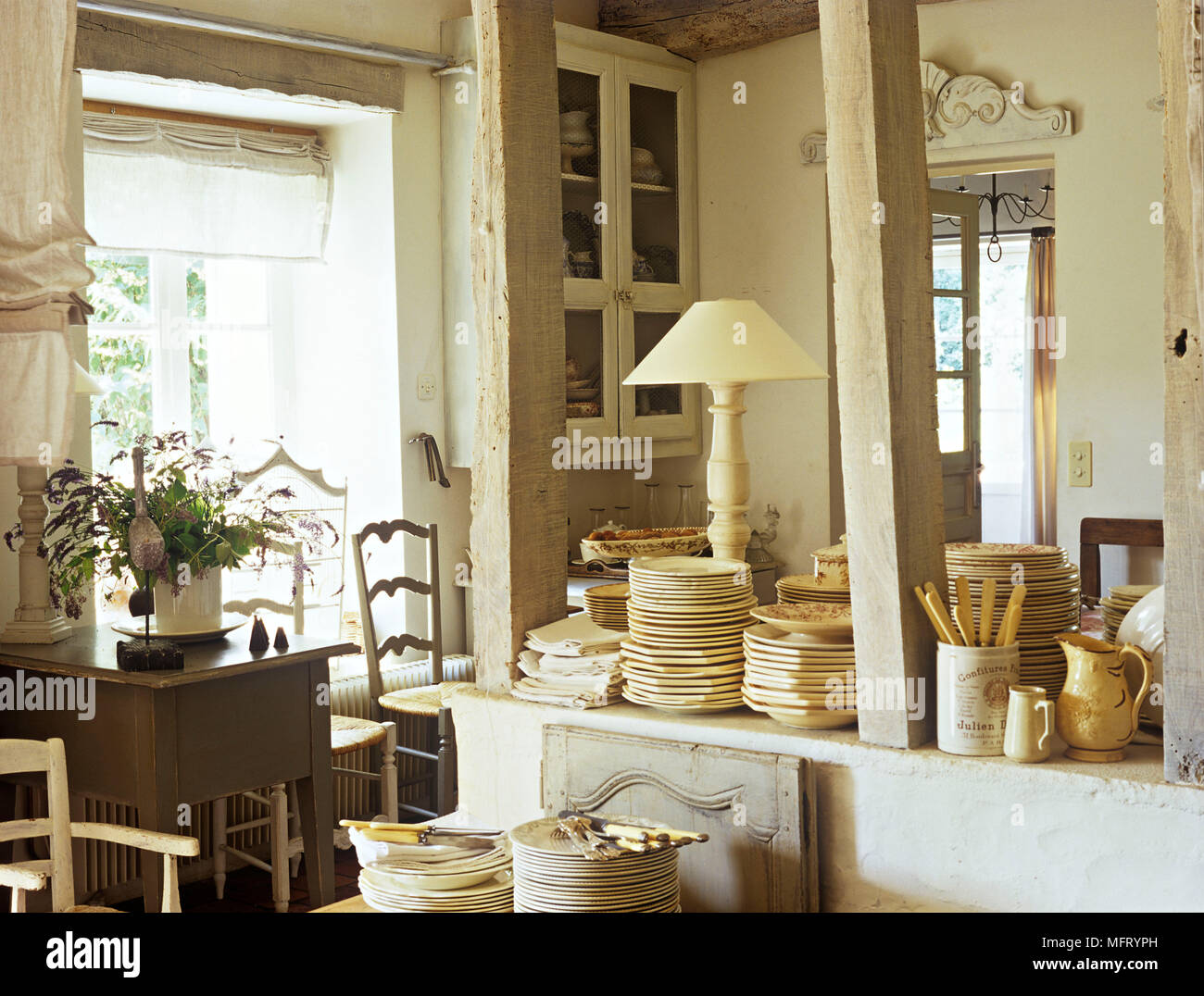 Rustic country neutral kitchen stacks of plates interiors rooms ...