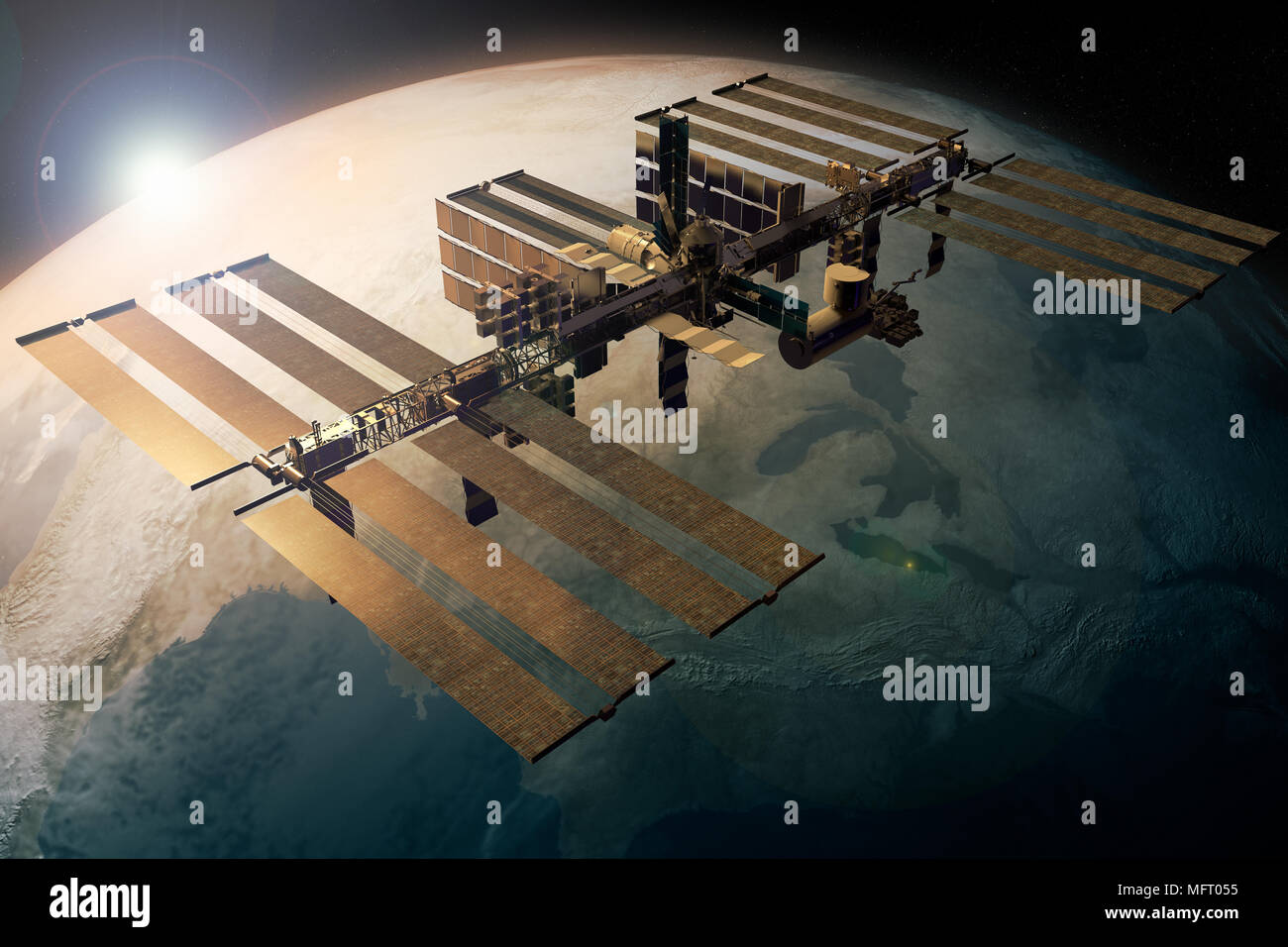 3D rendering of the International Space station orbiting the Earth ...