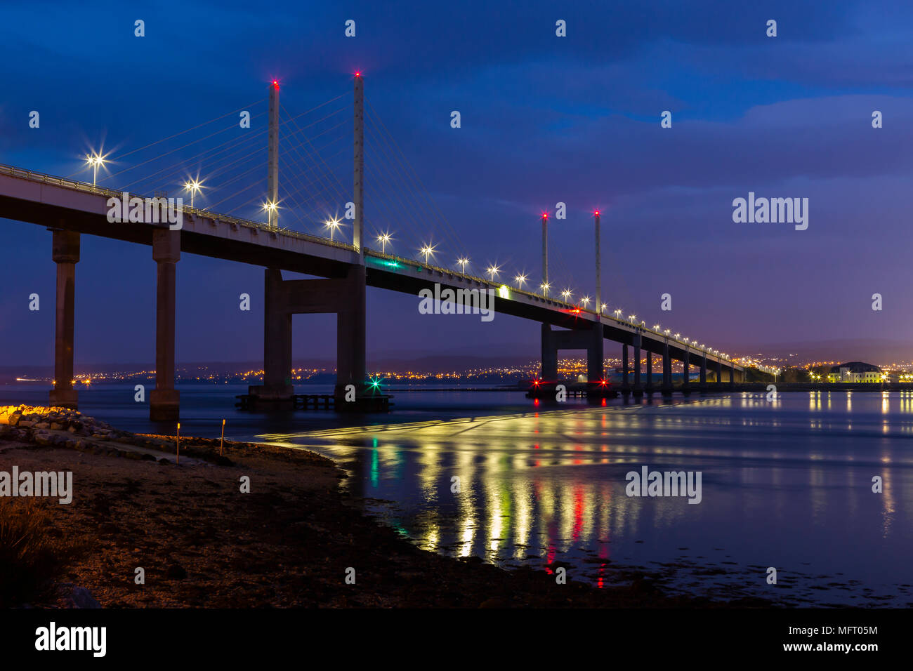 Night view of the Kessock Bridge, Inverness, Scotland, UK. The bridge ...