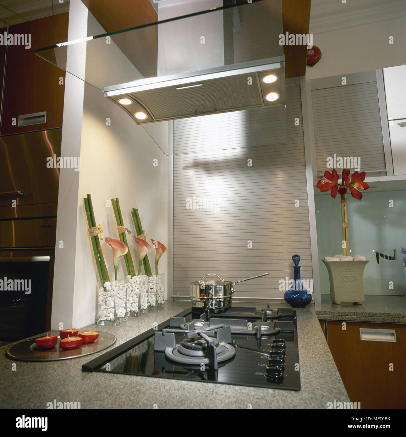 Modern, kitchen, detail, granite work tops, black hob, glass extractor ...