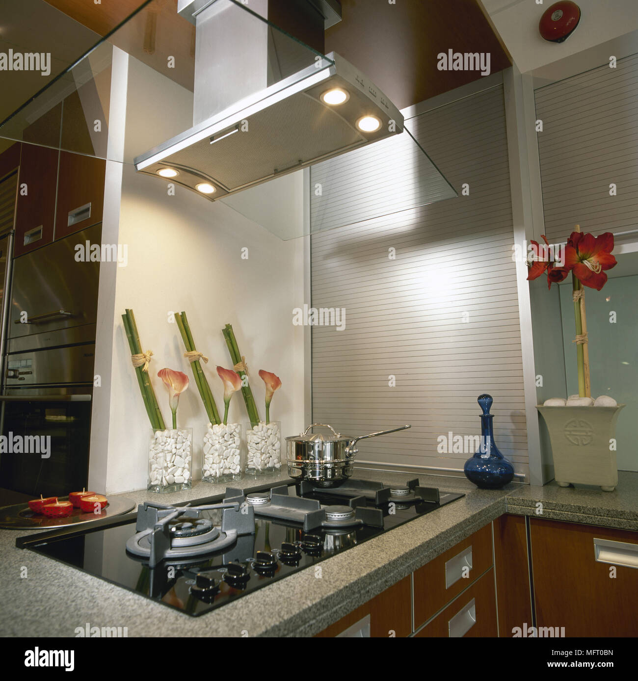 Modern, kitchen, detail, granite work tops, black hob, glass extractor ...