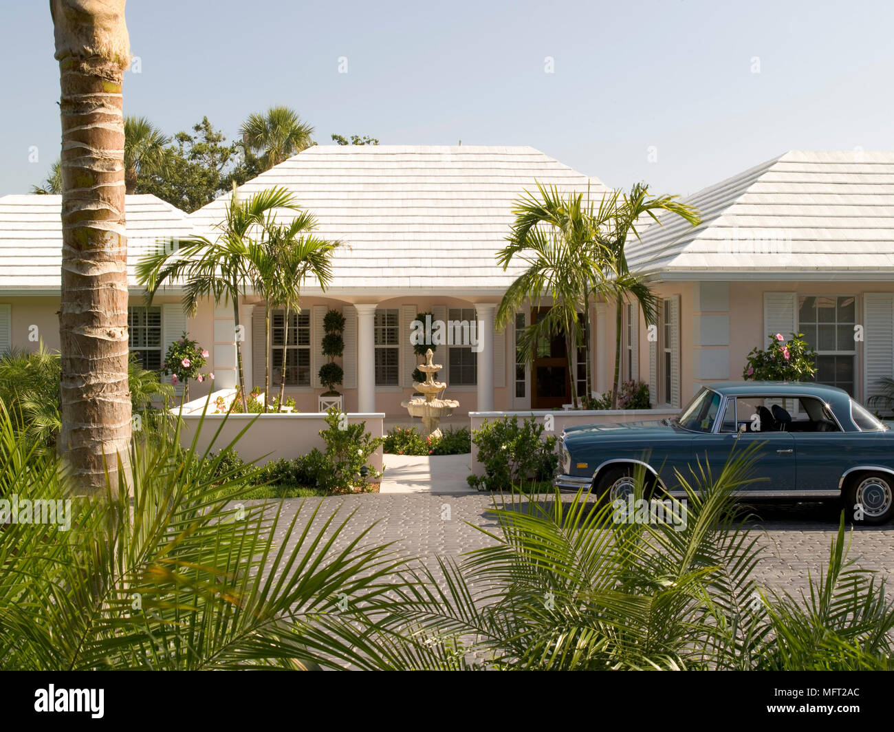 The exterior of a modern bungalow with pink walls surrounded by palm ...