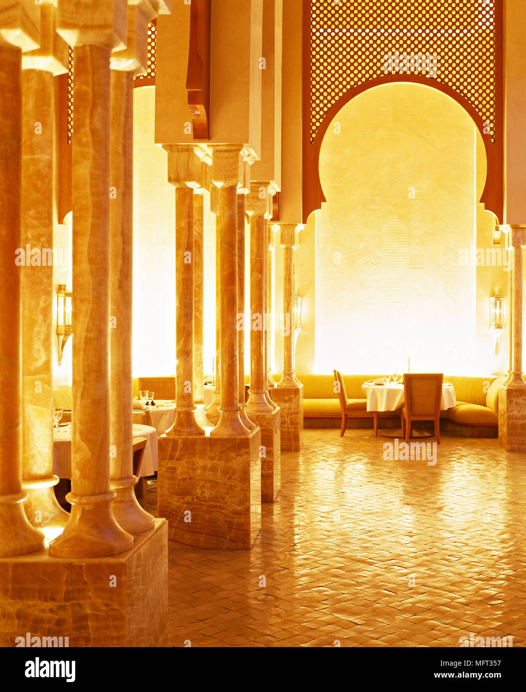 Moroccan terracotta dining room high arched ceiling seating areas ...