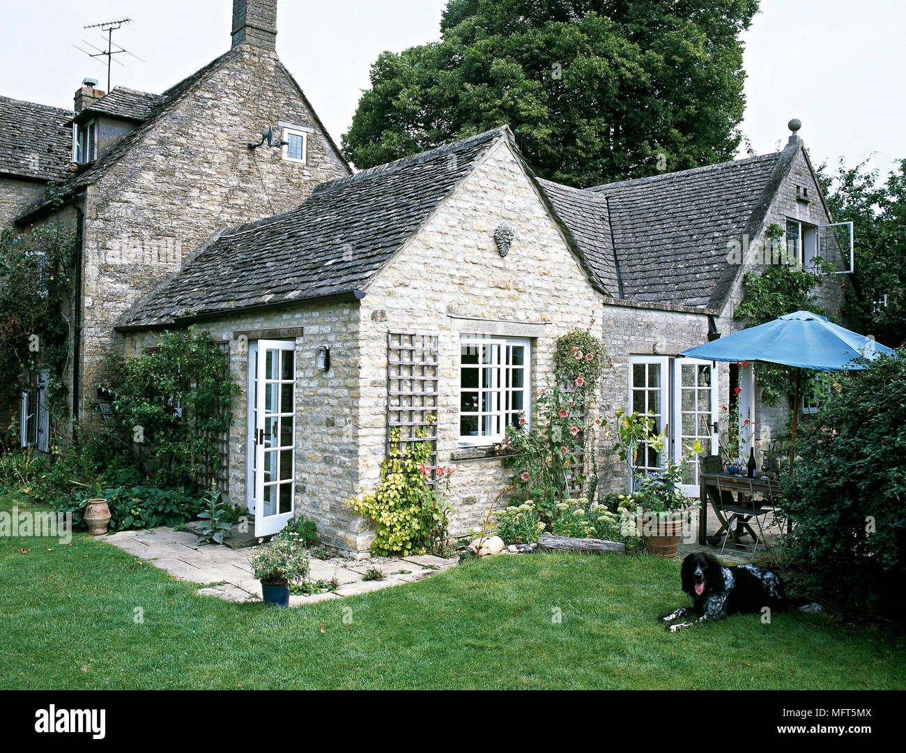 Back garden of cottage with french windows Stock Photo - Alamy