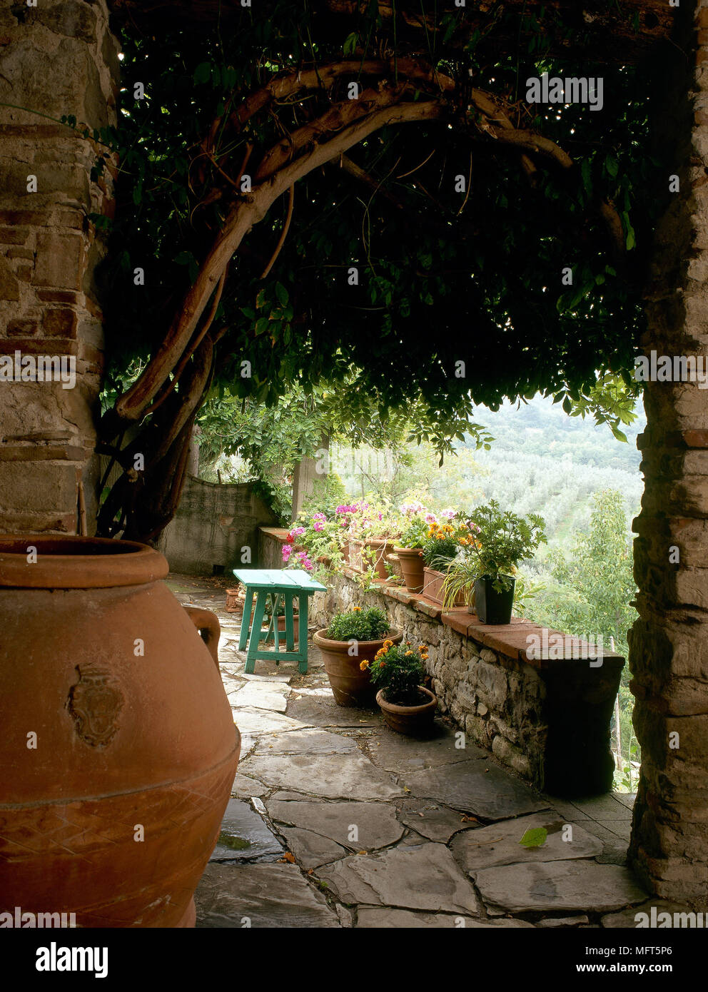 A detail of a rustic paved terrace area with pots Stock Photo - Alamy