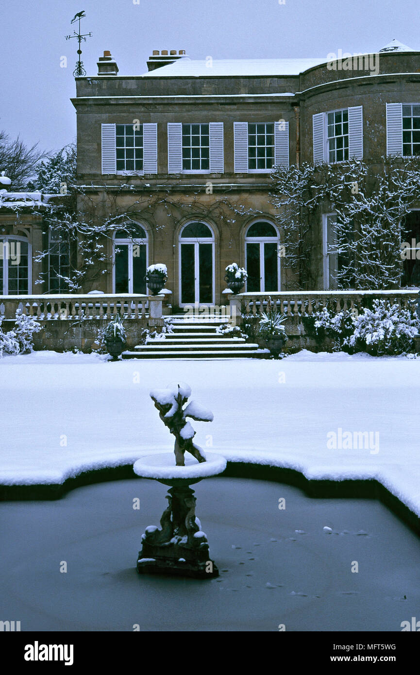 Crowe Hall, Georgian country house with a frozen garden fountain Stock ...