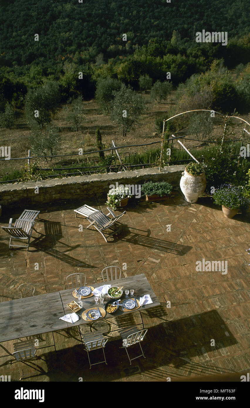 Above view of a terrace patio with table and chairs Stock Photo - Alamy