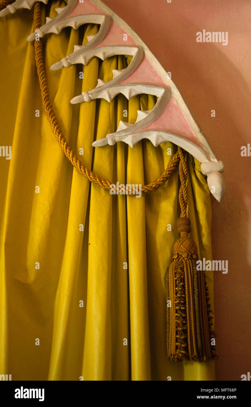 Curtain, detail, gold fabric, gothic shaped decoration, tie-back ...