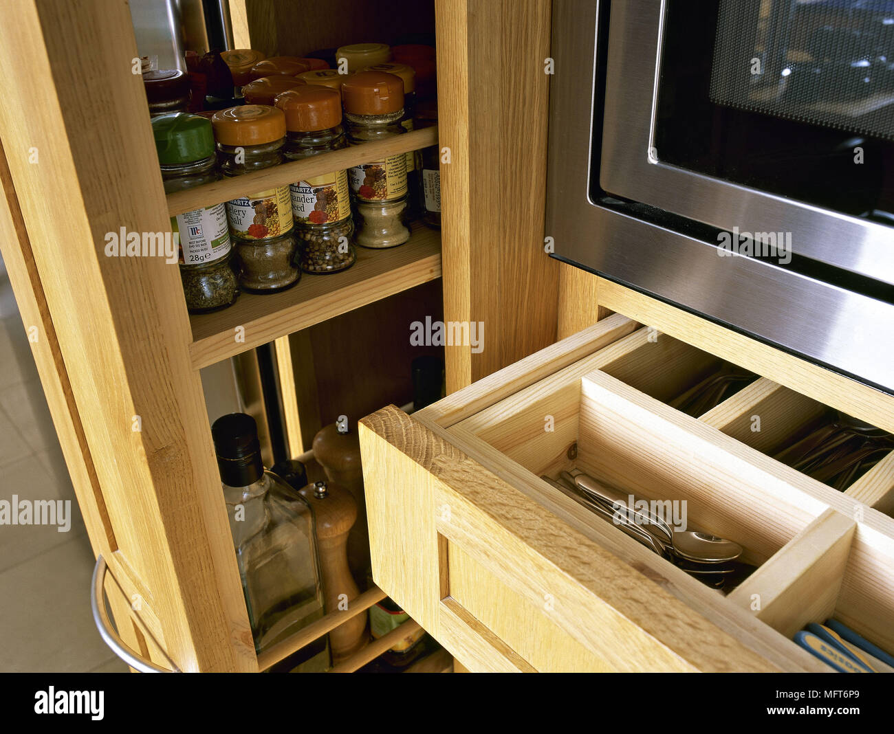 Detail of open cutlery drawer and sliding unit with spice rack Stock ...
