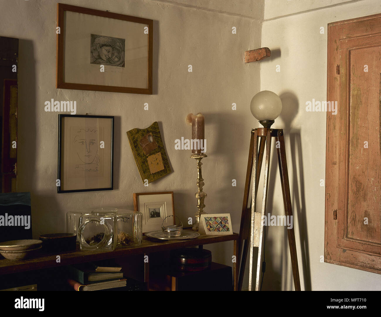 Wooden side table silver candlestick Interiors detail rustic Stock ...