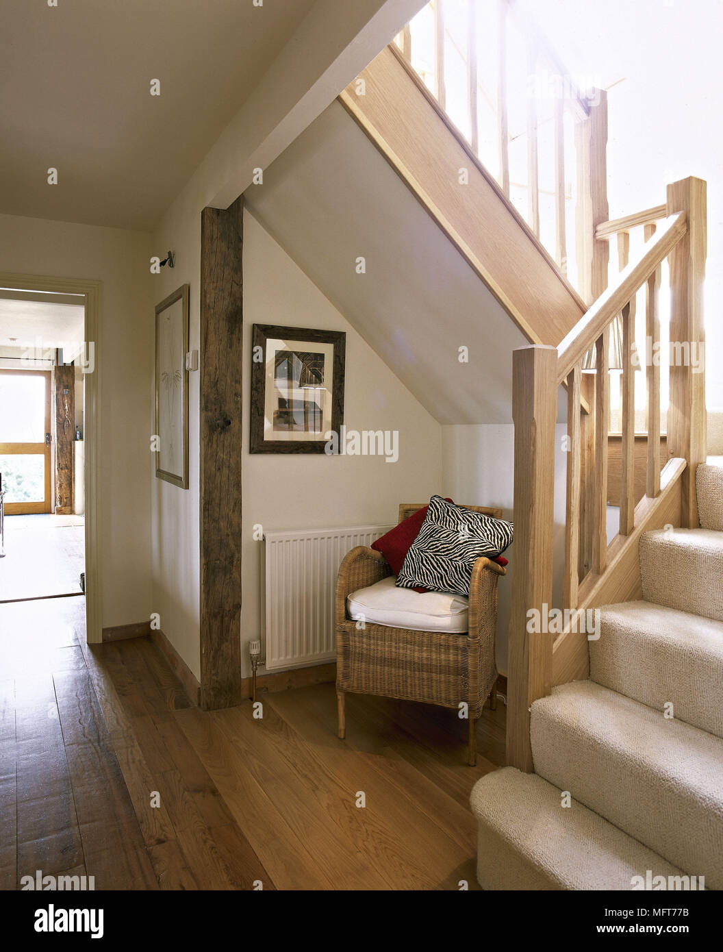 A country style hallway staircase with carpeted stairs wooden floor ...
