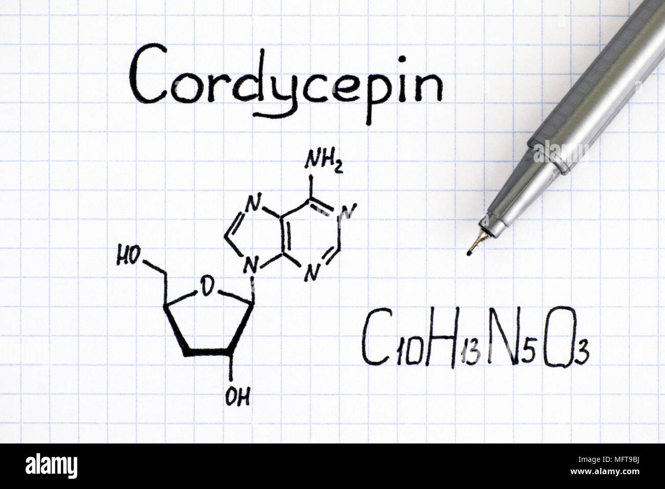 Chemical formula of Cordycepin with pen. Close-up Stock Photo - Alamy