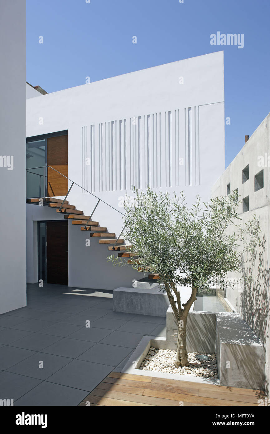 Exterior of modern courtyard with staircase down to paved patio area ...