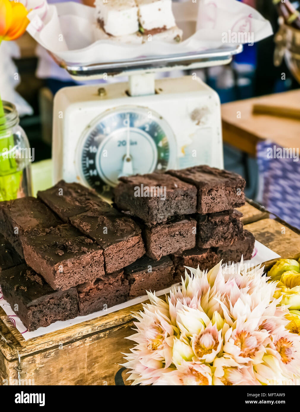 A Stack of Chocolate Brownies on a wooden box for display purposes ...