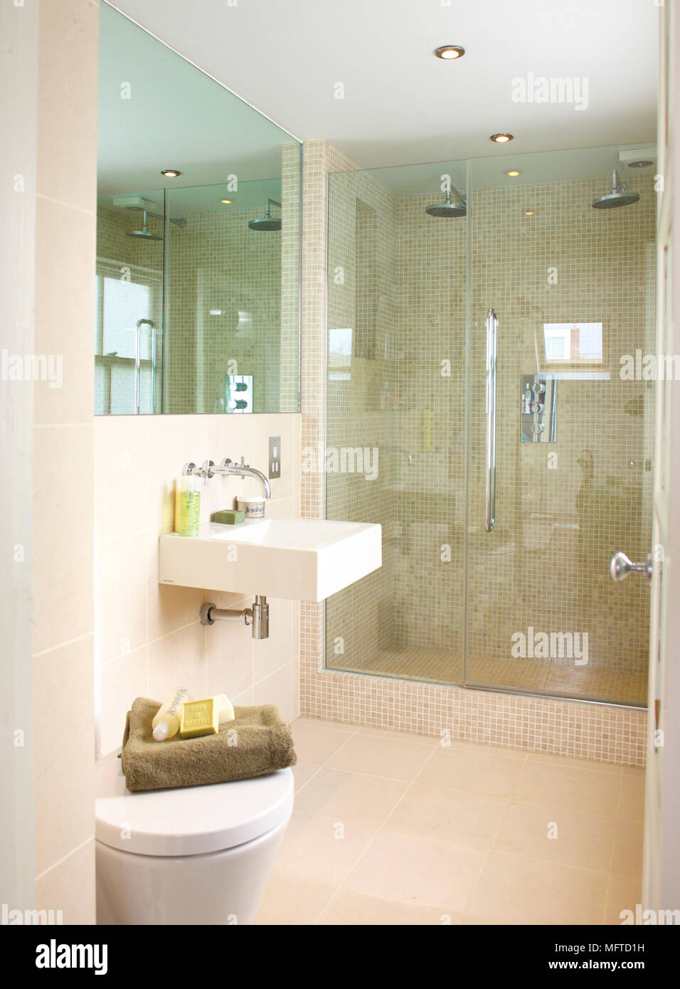 Wall mounted washbasin and shower cubicle in modern bathroom Stock ...