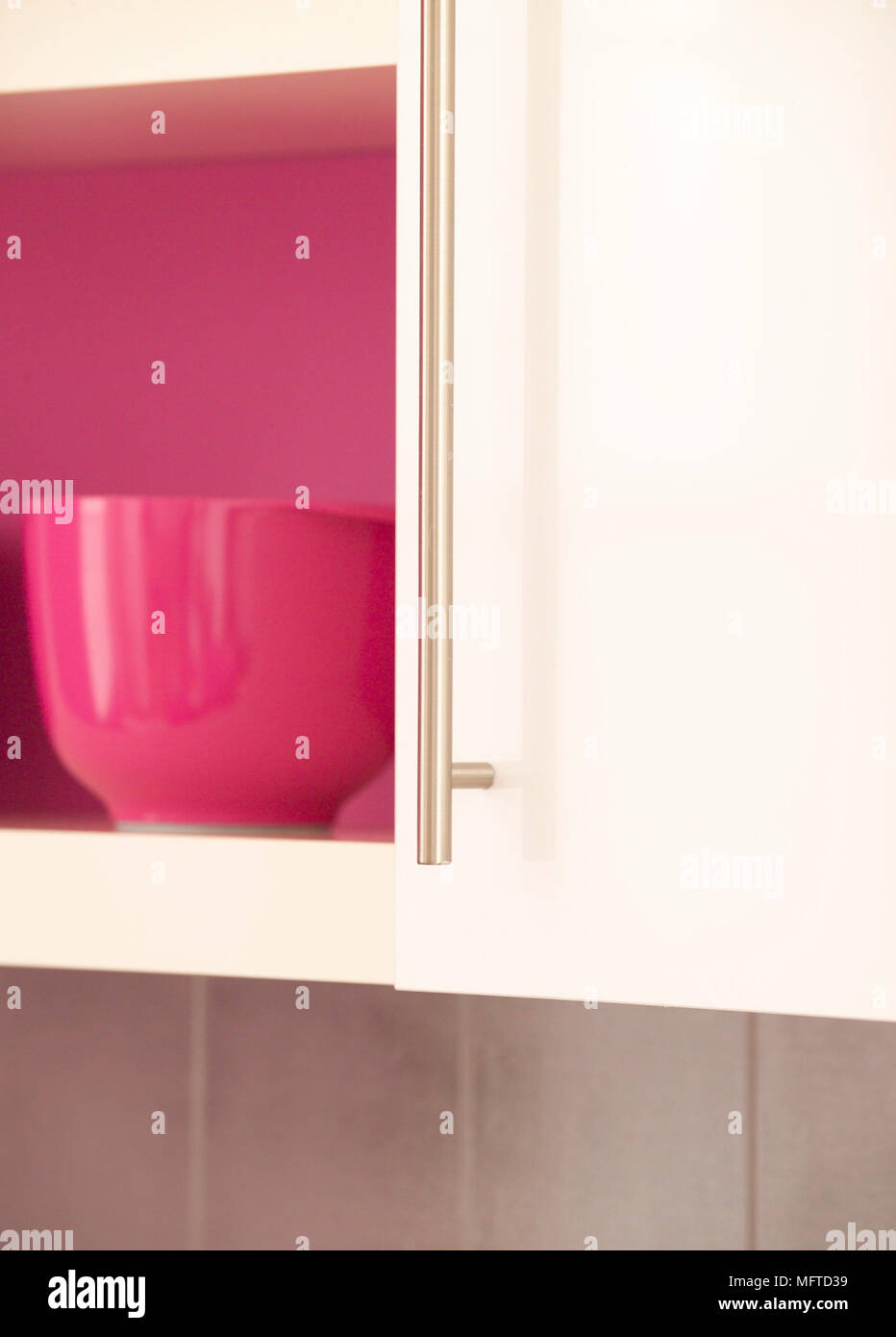 White fitted kitchen unit with steel handle Stock Photo - Alamy