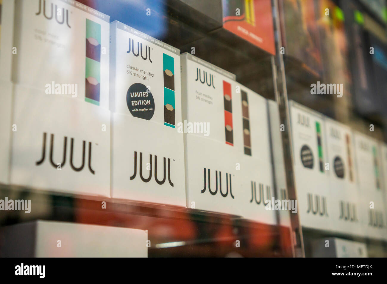 A selection of the popular Juul brand vaping supplies on display in the ...