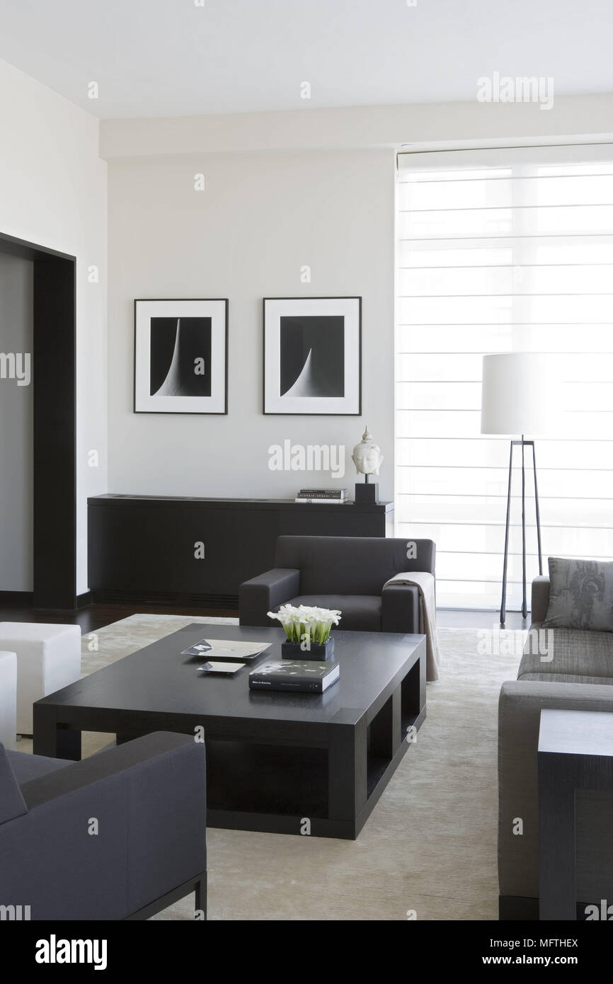 Upholstered seating around coffee table in modern sitting room Stock ...