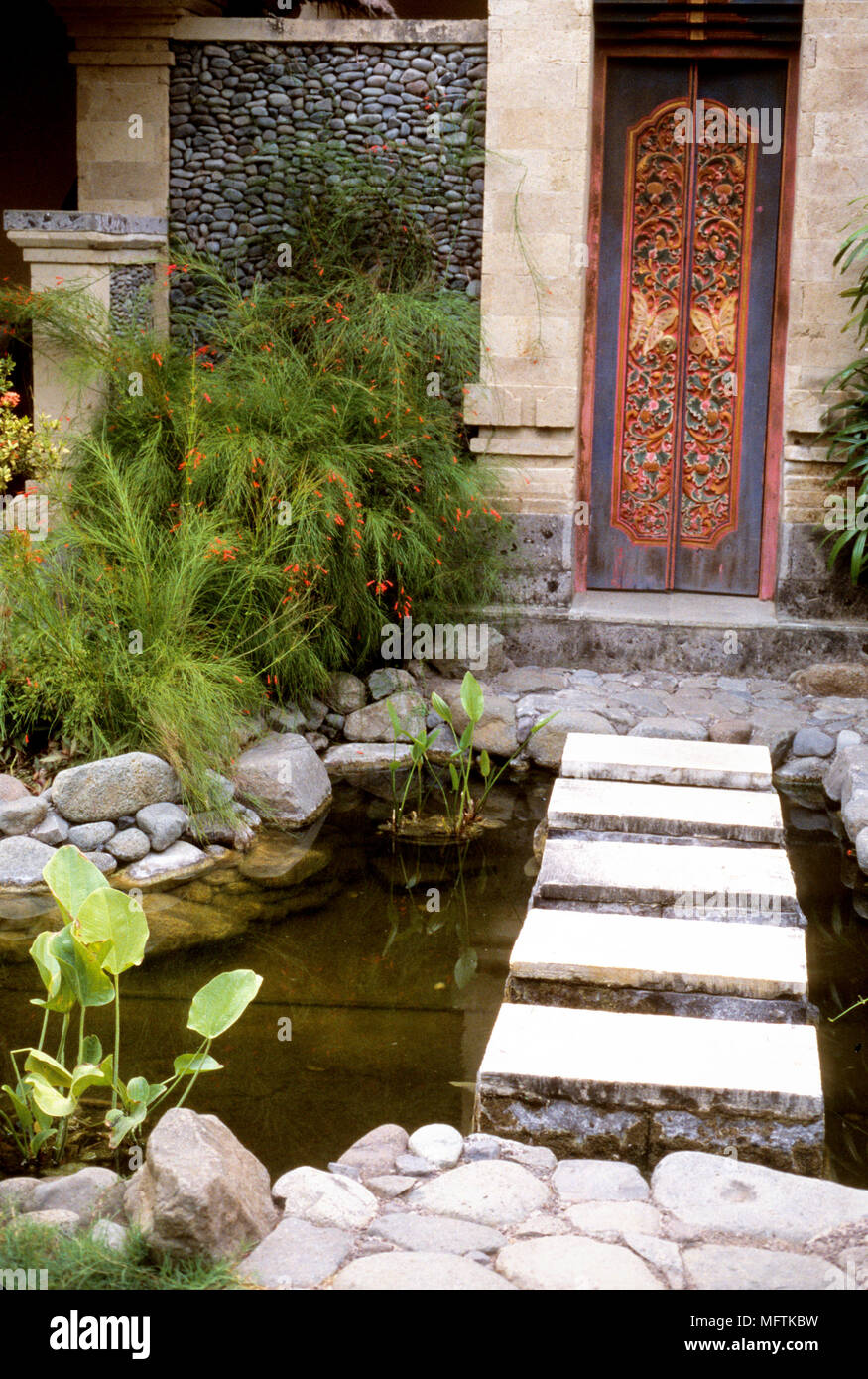 Stone path over a small pond and planting of Russelia equisetiformis ...