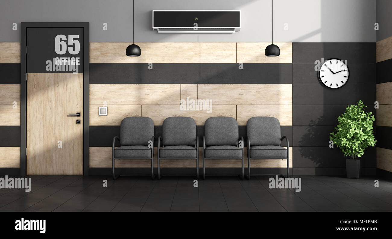 Minimalist waiting room with black chairs and closed door - 3d ...