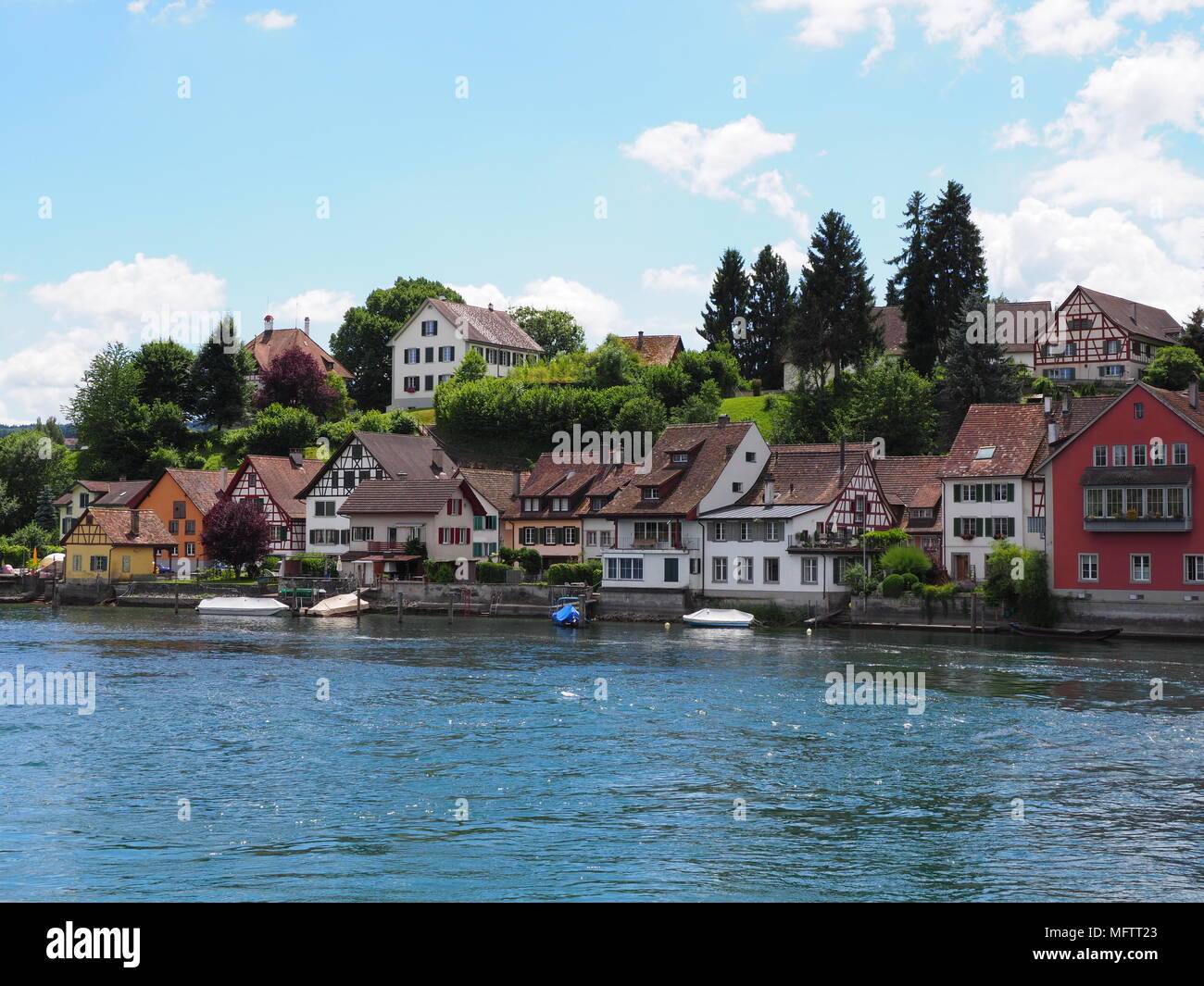 Colorful european STEIN am RHEIN town in SWITZERLAND and Rhine River in ...