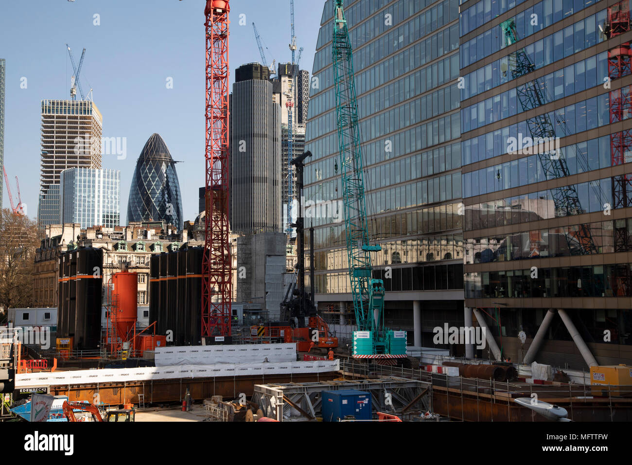 Construction site of modern glass offices at Moorgate in the City of ...