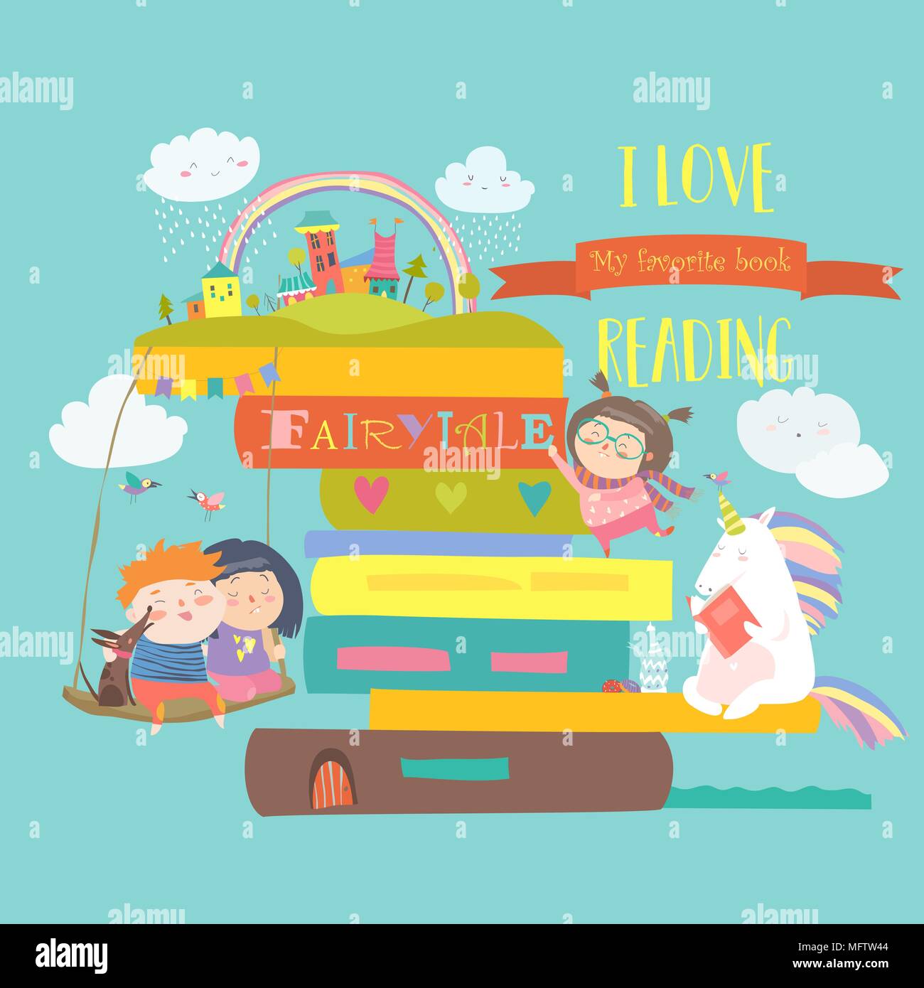 Fairytale concept with book,unicorn and children Stock Vector Image ...