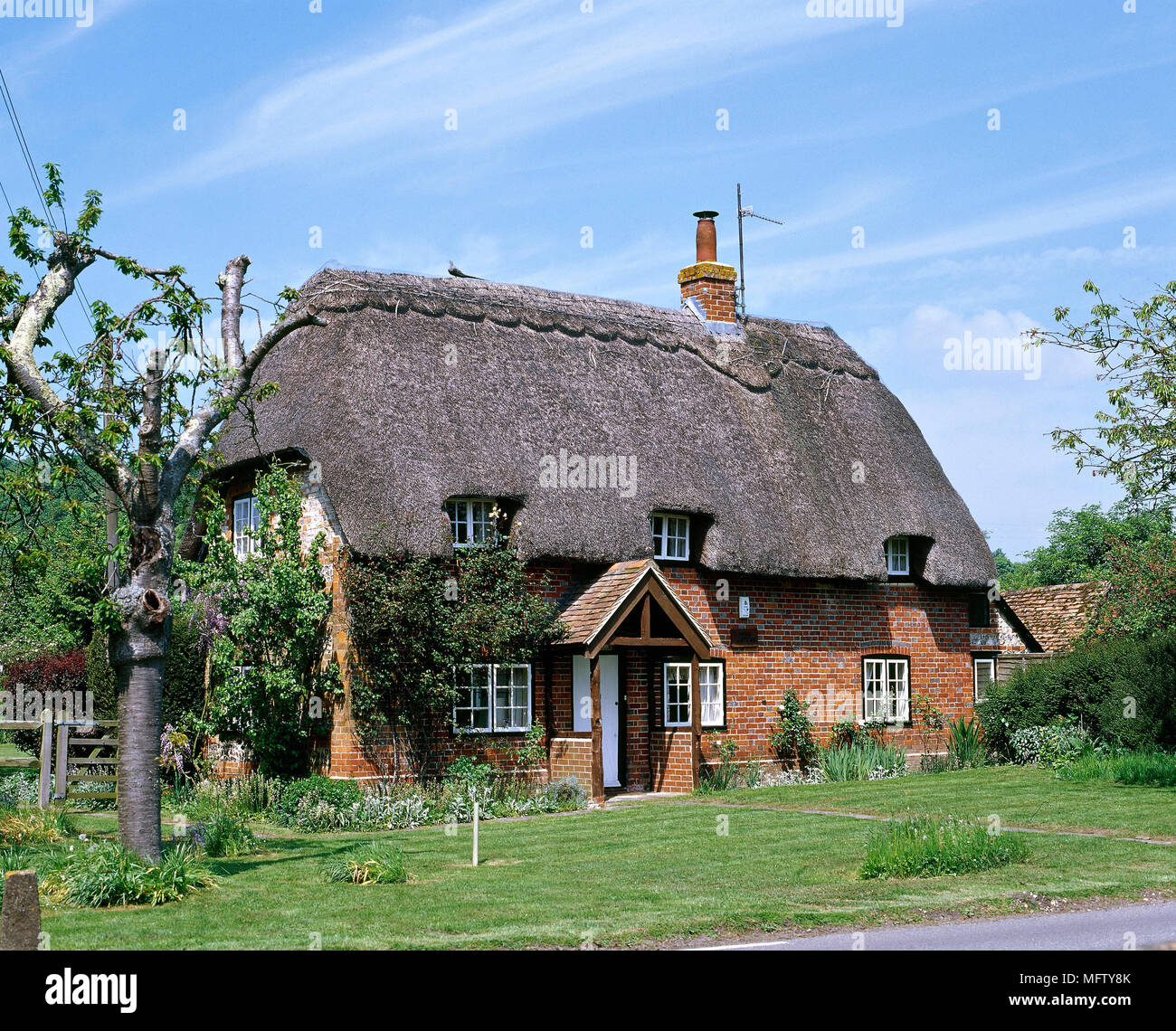 An exterior of a brick built thatched country cottage, garden with lawn ...