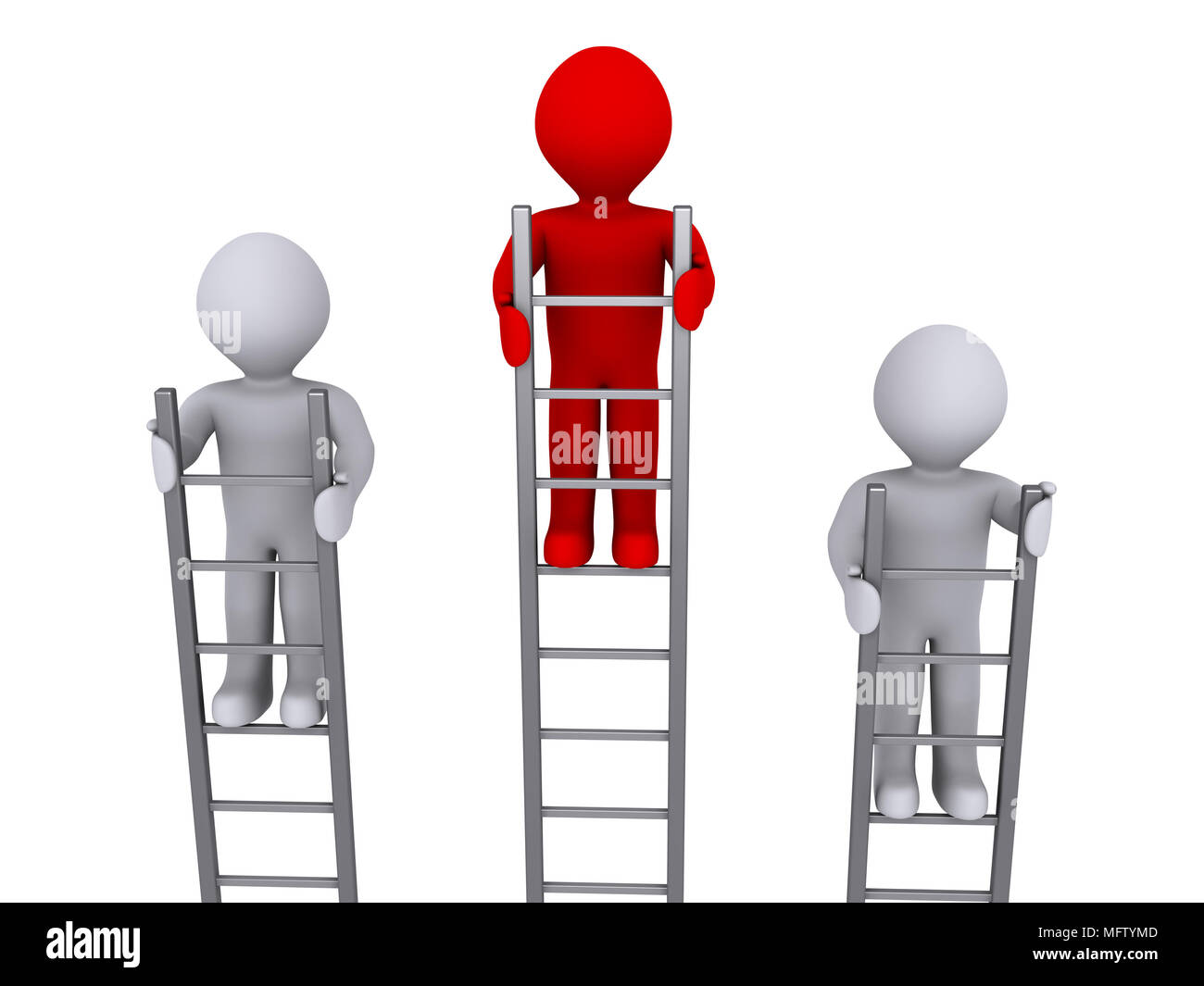 Three 3d persons on ladders and one is higher Stock Photo - Alamy