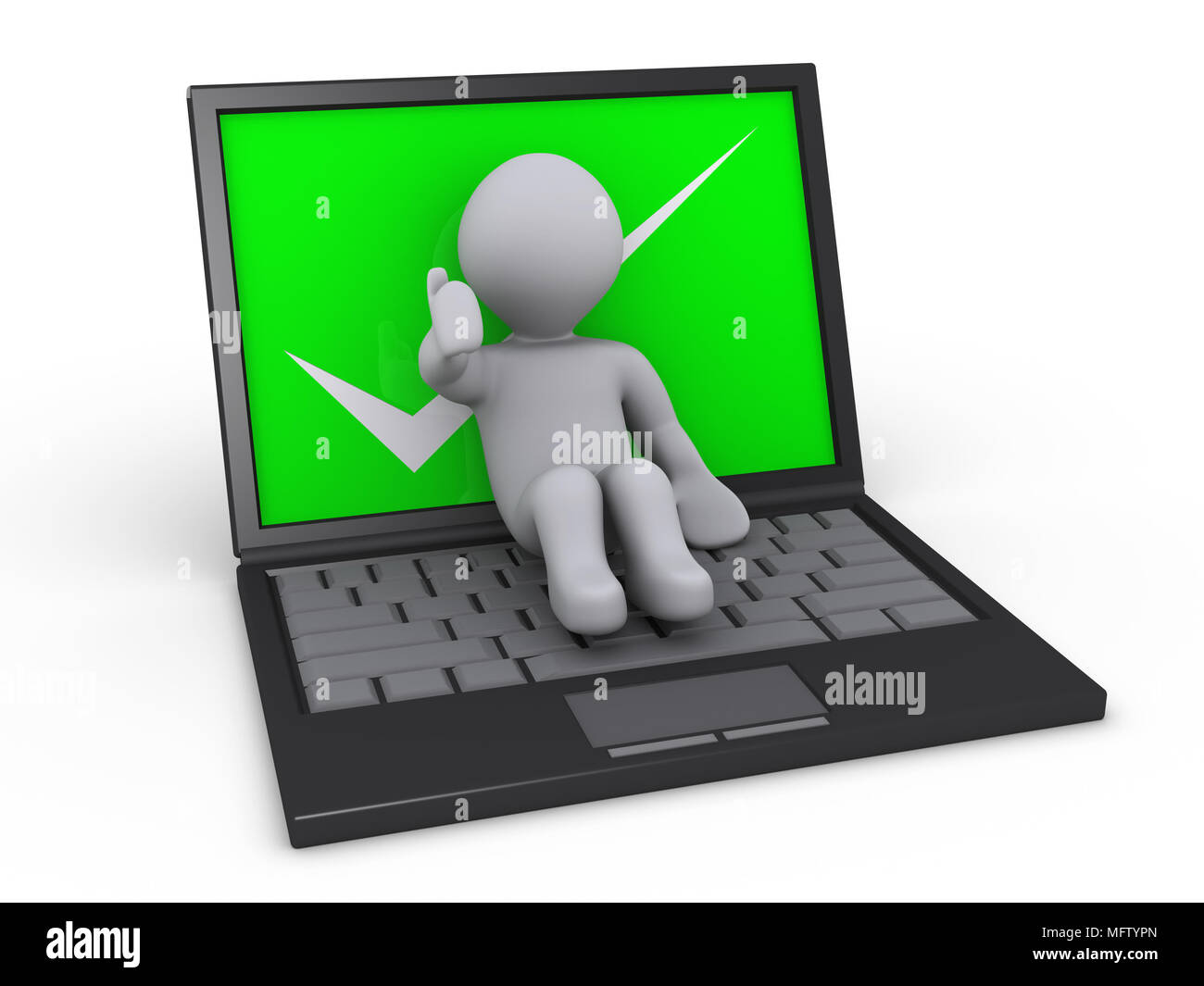 3d person lying on laptop that has a tick on its screen Stock Photo - Alamy